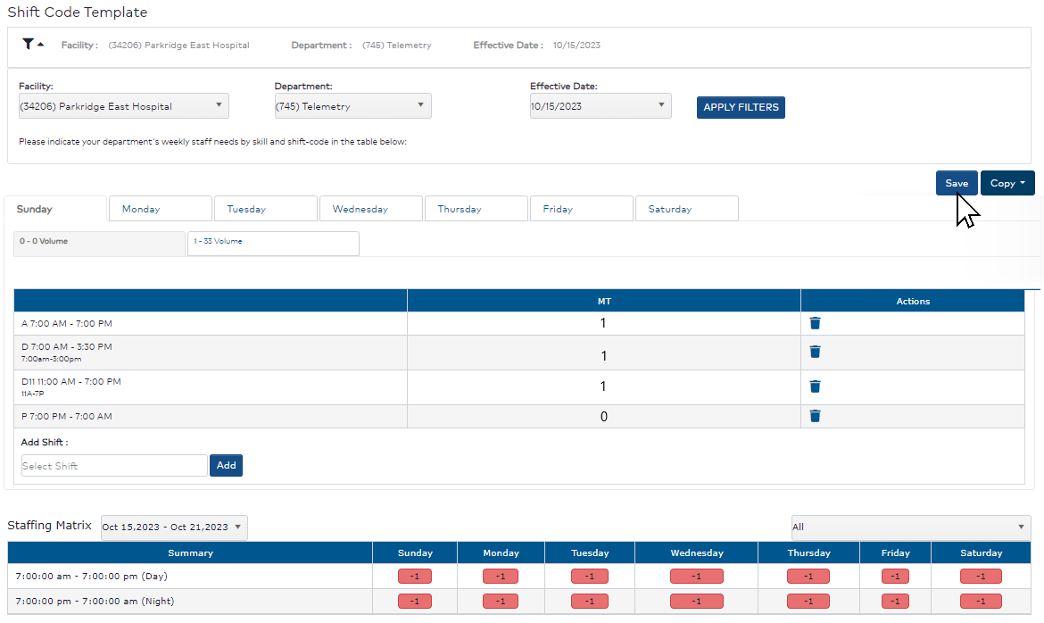 Shift Code Template - No Staffing Grid
